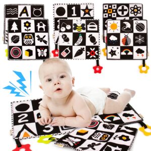 tummy time play mat, high contrast baby toys,black and white activity mat with teether for babies 0+ months,0+months infant early educational crinkle toys,baby boy sensory learning toys - pack of 3