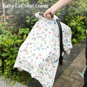 Muslin Baby Car Seat Canopy, Infant Carseat Cover, Lightweight Breathable Soft for Babies Girls Shower Gift (Rainbow)