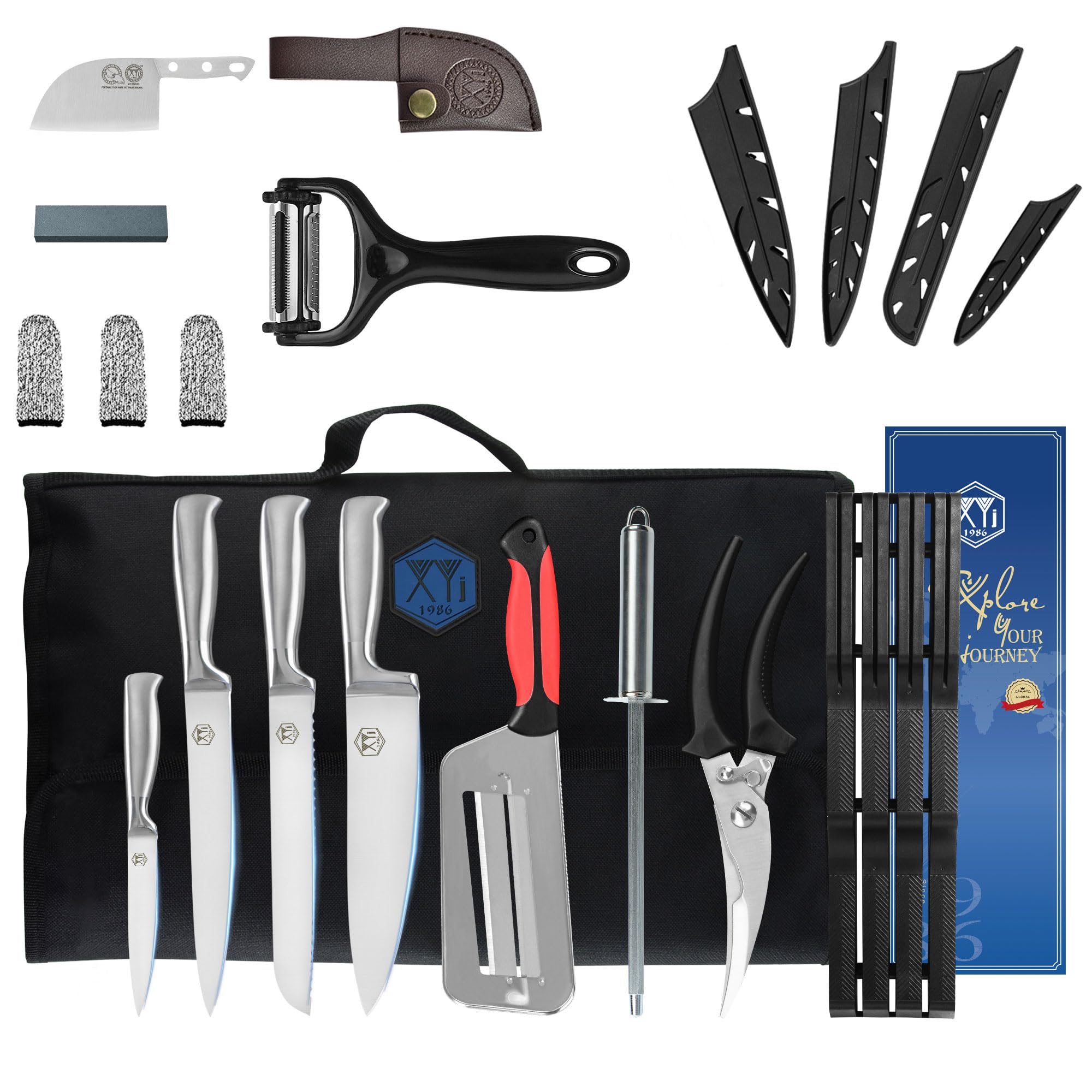 XYJ Professional Knife Sets,Chef Knife Set with Bag,Case,Scissors,Culinary Kitchen Butcher Meat Cleaver,Cooking Cutting,Bread,Utility,Fruit