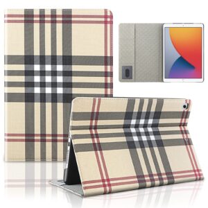 for 9th/8th/7th generation case (2021/2020/2019),10.2 case folding stand card slot, premium leather classic plaid cover auto wake/sleep smart tablet cover for 10.2 inch-creamy white