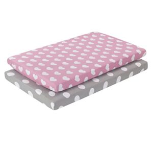 2 pack n play mattress sheets – 100% jersey knit cotton soft portable crib mattress sheets for girls with pink heart and gray polka dot design; 2 pc playpen mattress or mini crib sheet fitted set