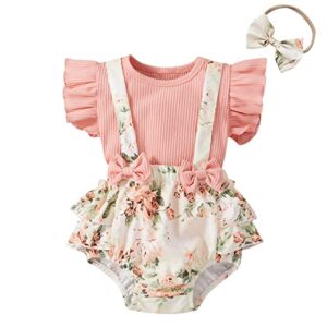 koramesis baby girl outfits set toddler ruffle sleeve lace floral romper with denim flared jeans outfits 3pcs clothes set (pink, 6-12 months)