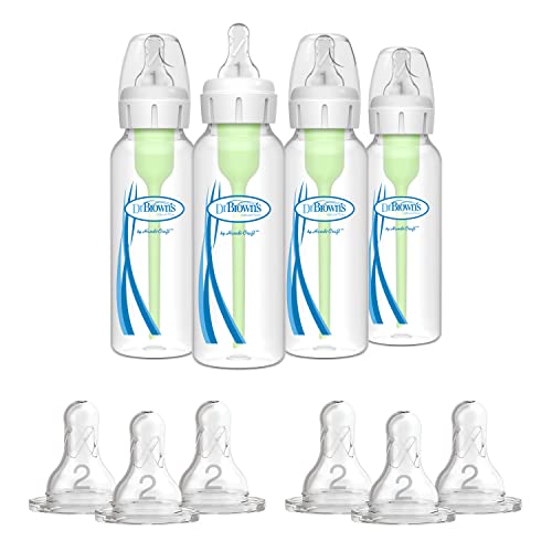 Dr. Brown's Options+ Anti-Colic Baby Bottle - 8oz - 4 Pack and Dr. Brown's Original Nipple, Level 2 (3m+), 6 Count