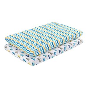 2 pack n play mattress sheets – 100% jersey knit cotton soft portable crib mattress sheets for boys with blue, gray, yellow cars and chevron design; 2 pc playpen mattress or mini crib sheet fitted set