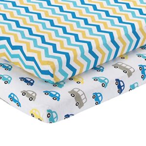 2 Pack n Play Mattress Sheets – 100% Jersey Knit Cotton Soft Portable Crib Mattress Sheets for Boys with Blue, Gray, Yellow Cars and Chevron Design; 2 Pc Playpen Mattress or Mini Crib Sheet Fitted Set