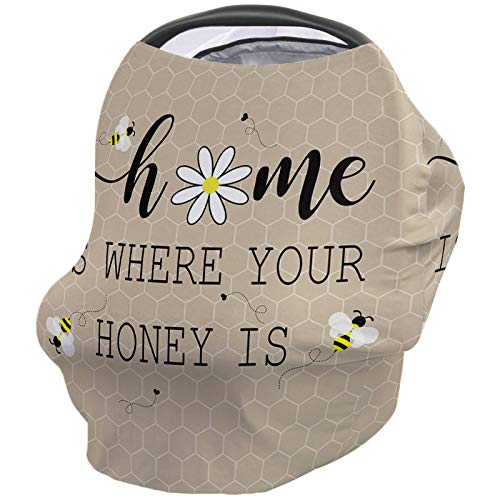 Nursing Cover for Breastfeeding, Baby Infant Car Seat Shopping Cart Cover, Retro Brown Carseat Canopy Stroller Cart Cover for Babies Girls/Boys, Daisy Bee and Honey