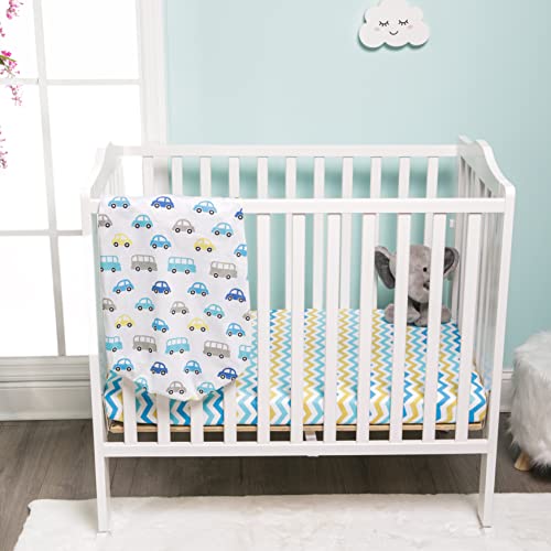 2 Pack n Play Mattress Sheets – 100% Jersey Knit Cotton Soft Portable Crib Mattress Sheets for Boys with Blue, Gray, Yellow Cars and Chevron Design; 2 Pc Playpen Mattress or Mini Crib Sheet Fitted Set