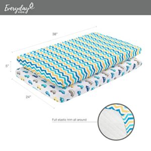 2 Pack n Play Mattress Sheets – 100% Jersey Knit Cotton Soft Portable Crib Mattress Sheets for Boys with Blue, Gray, Yellow Cars and Chevron Design; 2 Pc Playpen Mattress or Mini Crib Sheet Fitted Set