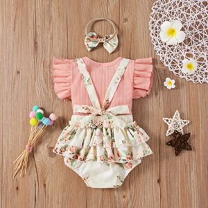 koramesis Baby Girl Outfits Set Toddler Ruffle Sleeve Lace Floral Romper with Denim Flared Jeans Outfits 3Pcs Clothes Set (Pink, 6-12 Months)