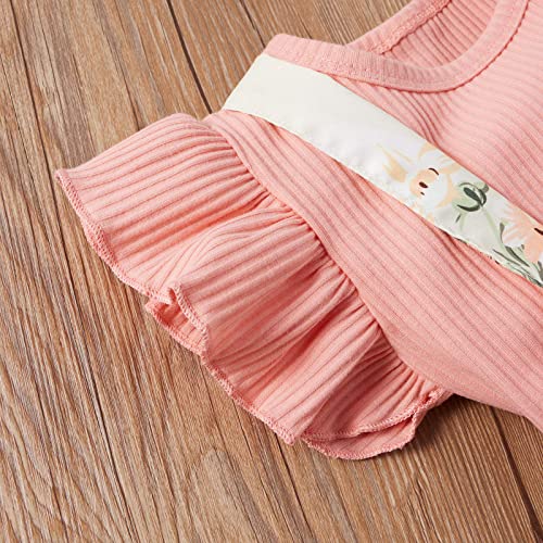 koramesis Baby Girl Outfits Set Toddler Ruffle Sleeve Lace Floral Romper with Denim Flared Jeans Outfits 3Pcs Clothes Set (Pink, 6-12 Months)