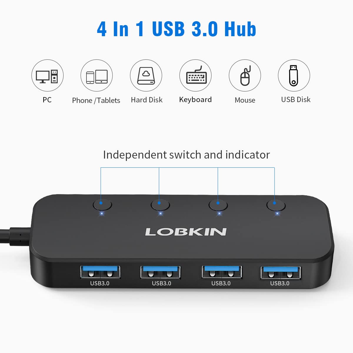 USB Splitter for Laptop LOBKIN 4-Port USB Hub 3.0 with Separate ON Off Swich Slim Multiple Port Expander for Keyboard and Mouse Flash Drive Mobile HDD PC Mac