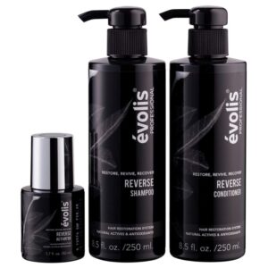 evolis reverse 3-step system - activator, shampoo & conditioner - hair growth treatment for thinning hair - keratin treatment - accelerates growth, thickens and decreases hair fall