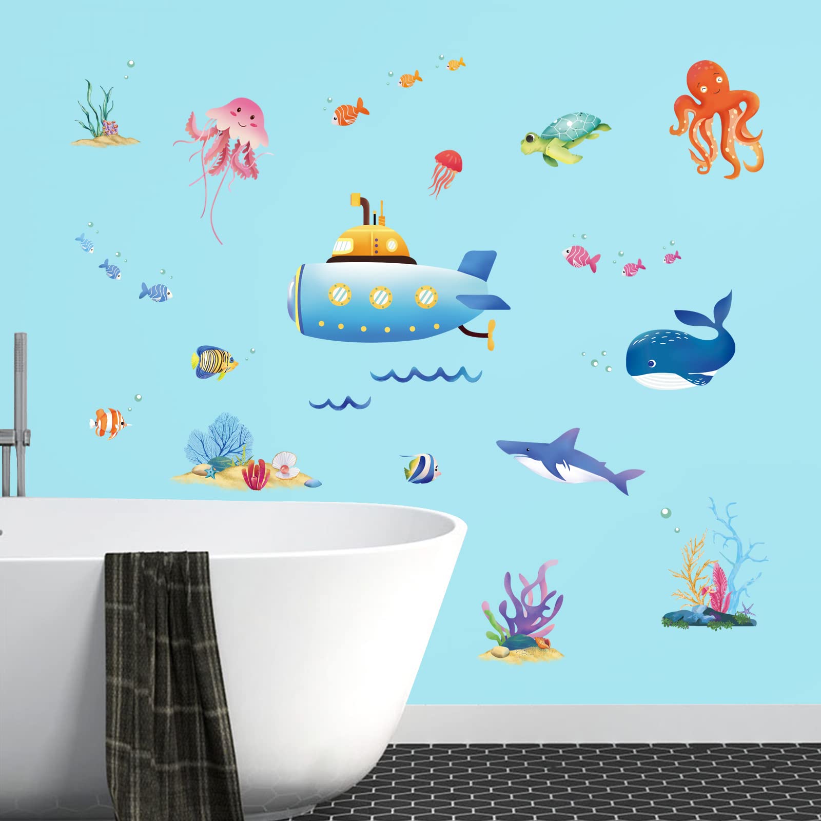 decalmile Under The Sea Wall Stickers Sailors Whale Fish Wall Decoration Bedroom Kids Baby Nursery Bathroom