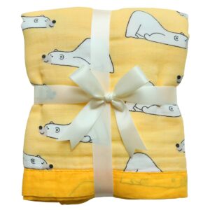 Muslin Soft Swaddle Blanket Quilt， Baby Blankets for Boy Girl Toddler Daycare, 4 Layers Swaddle Wrap, Size 43X45inchs (Bear Yellow)