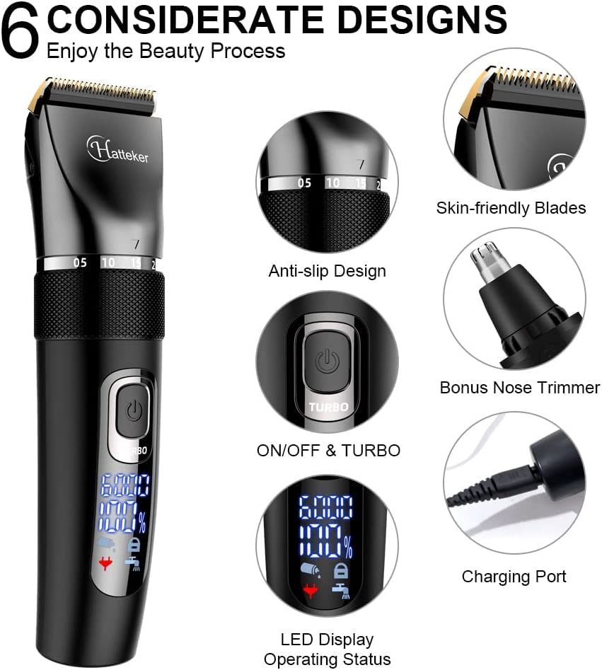 Hatteker Cordless Hair Clipper Beard Hair Trimmer Hair Cutting Kit for Men Women Kids Barber Clippers Nose Hair Trimmer IPX7 Waterproof Professional