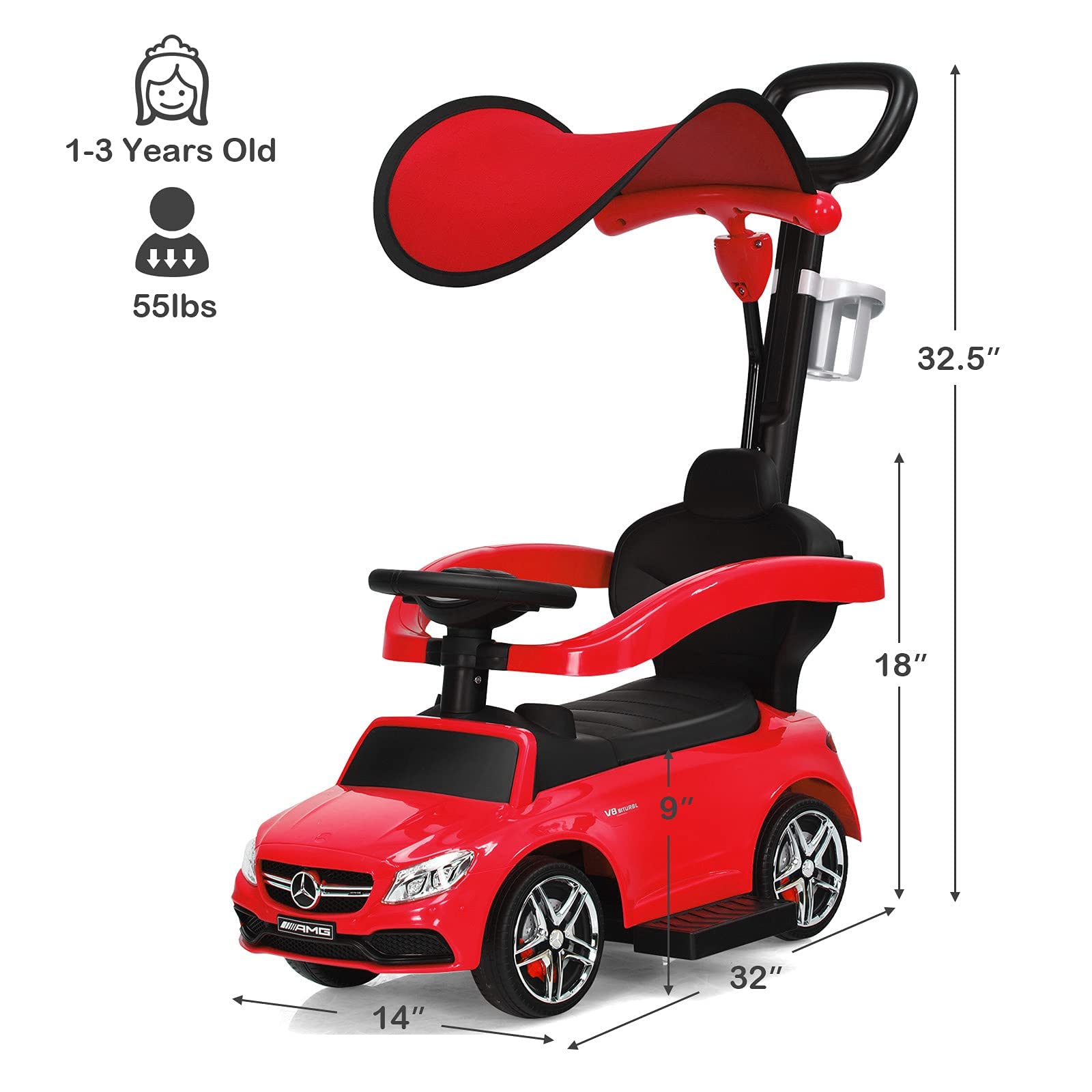 OLAKIDS 3-in-1 Kids Ride on Push Car, Licensed Mercedes Benz Toddlers Stroller with Removable Canopy Parents Handle Underneath Storage Cup Holder, Foot-to-Floor Walking Toy with Horn Music (Light Red)