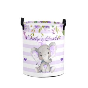 grandkli purple elephant floral personalized freestanding laundry hamper, custom waterproof collapsible drawstring basket storage bins with handle for clothes, toy, 50cm x 36cm