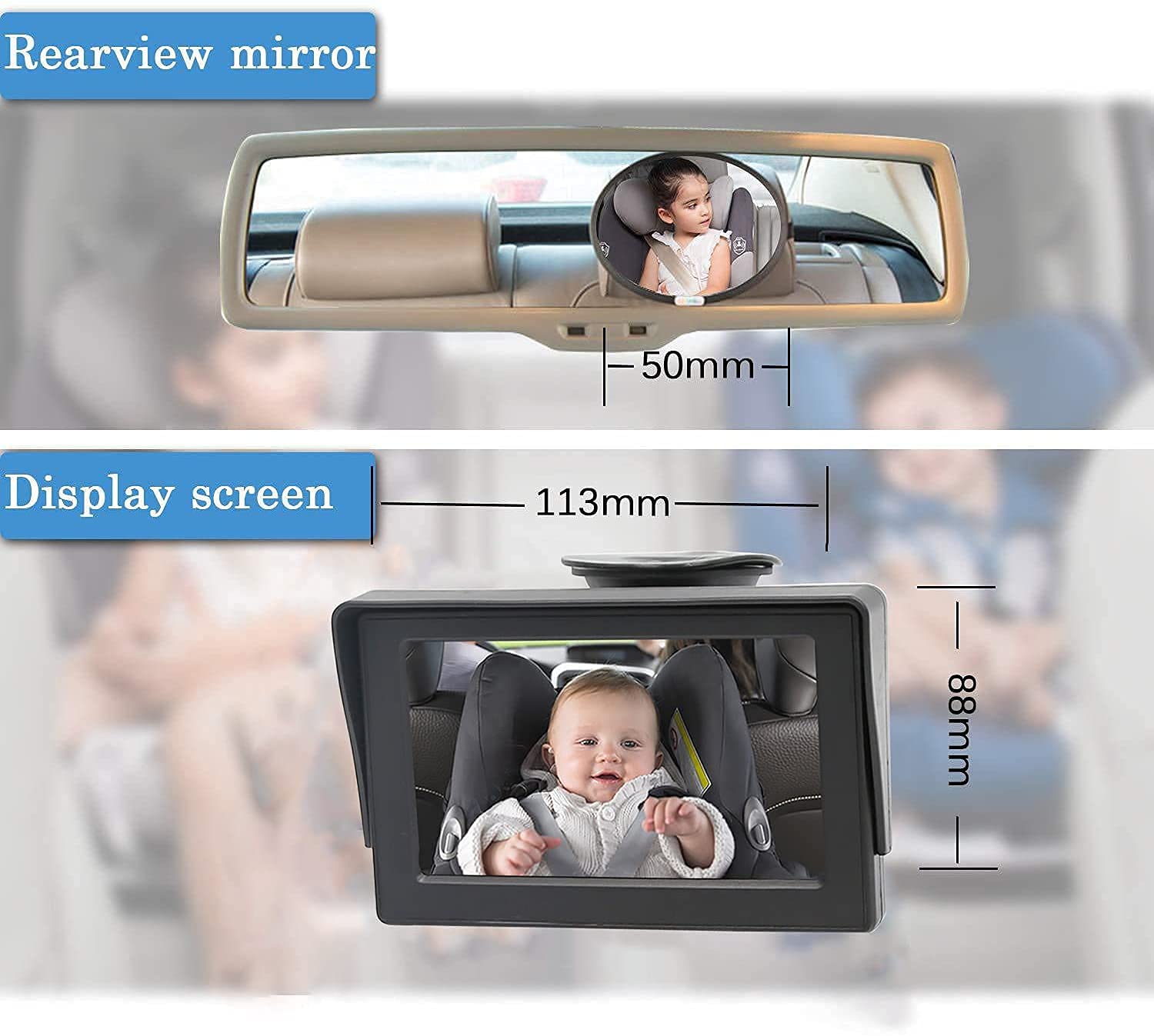 Baby Car Mirror, Car Baby Monitor with Camera, 4.3 inch Night Vision Monitor Anti-Shake Camera 360°Adjustable Easy Observe and Install, Baby Car Camera for Back Seat Rear Facing View Infant