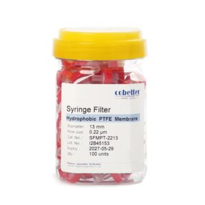 cobetter 100 pack ptfe syringe filter lab filters hydrophobic filtration 0.22μm pore size 13mm diameter non-sterile red