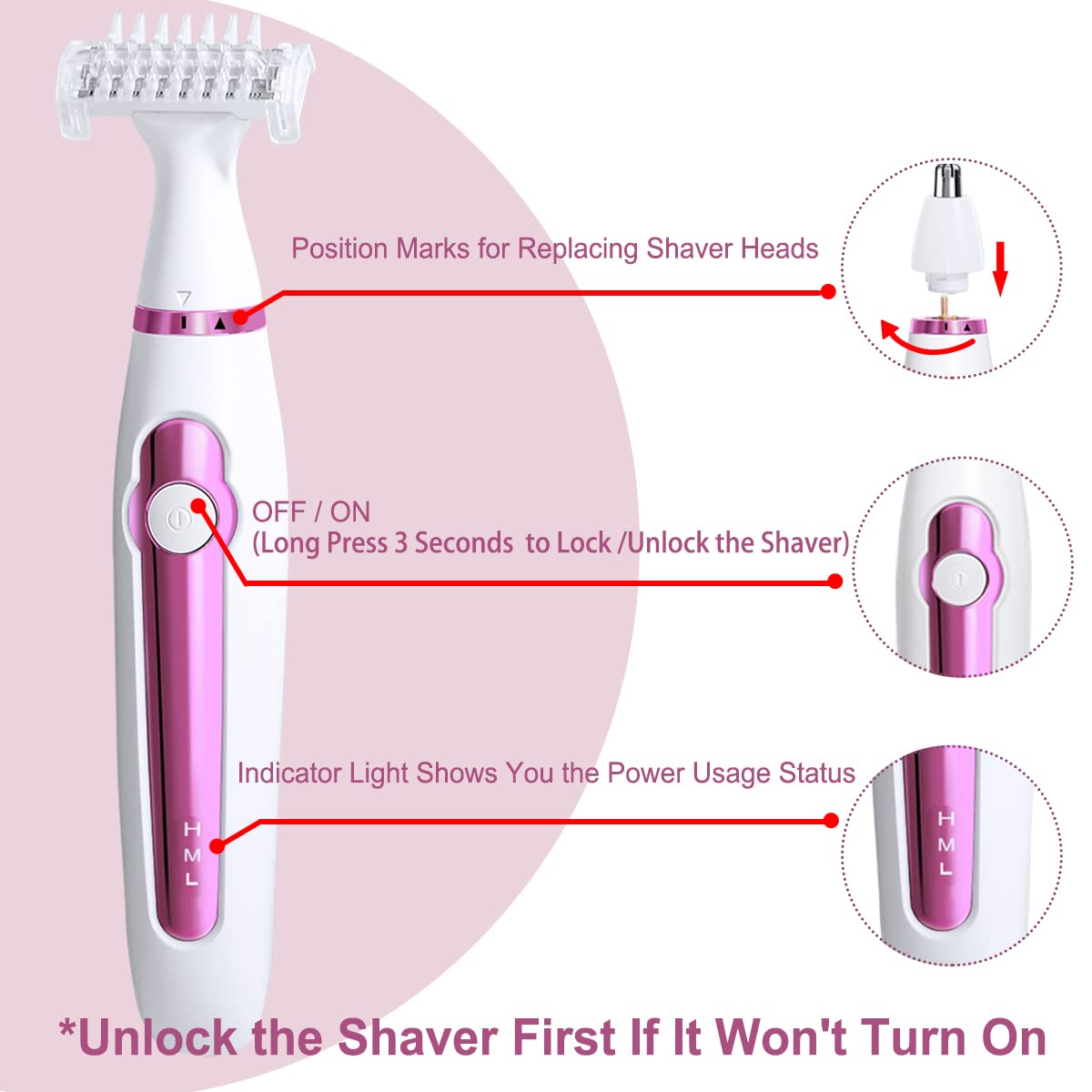 OBR KING Facial Hair Removal for Women 6 in 1 Electric Razor Nose Hair Trimmer Eyebrow Razor Bikini Pubic Hair Remover Cordless Body Hair Shaving Kit Electric Shaver with Safety Lock