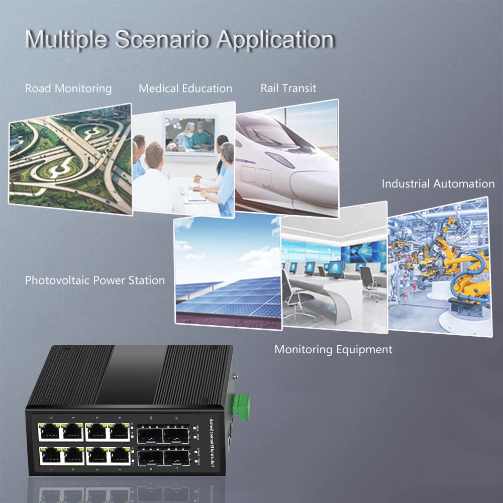 Industrial Gigabit Managed PoE Switch - 8 Ports 10/100/1000Mbps Web Management DIN Rail PoE Switch with 4 SFP Slots, Network PoE Switch Support Ring Network, VLAN, STP, LACP, QOS