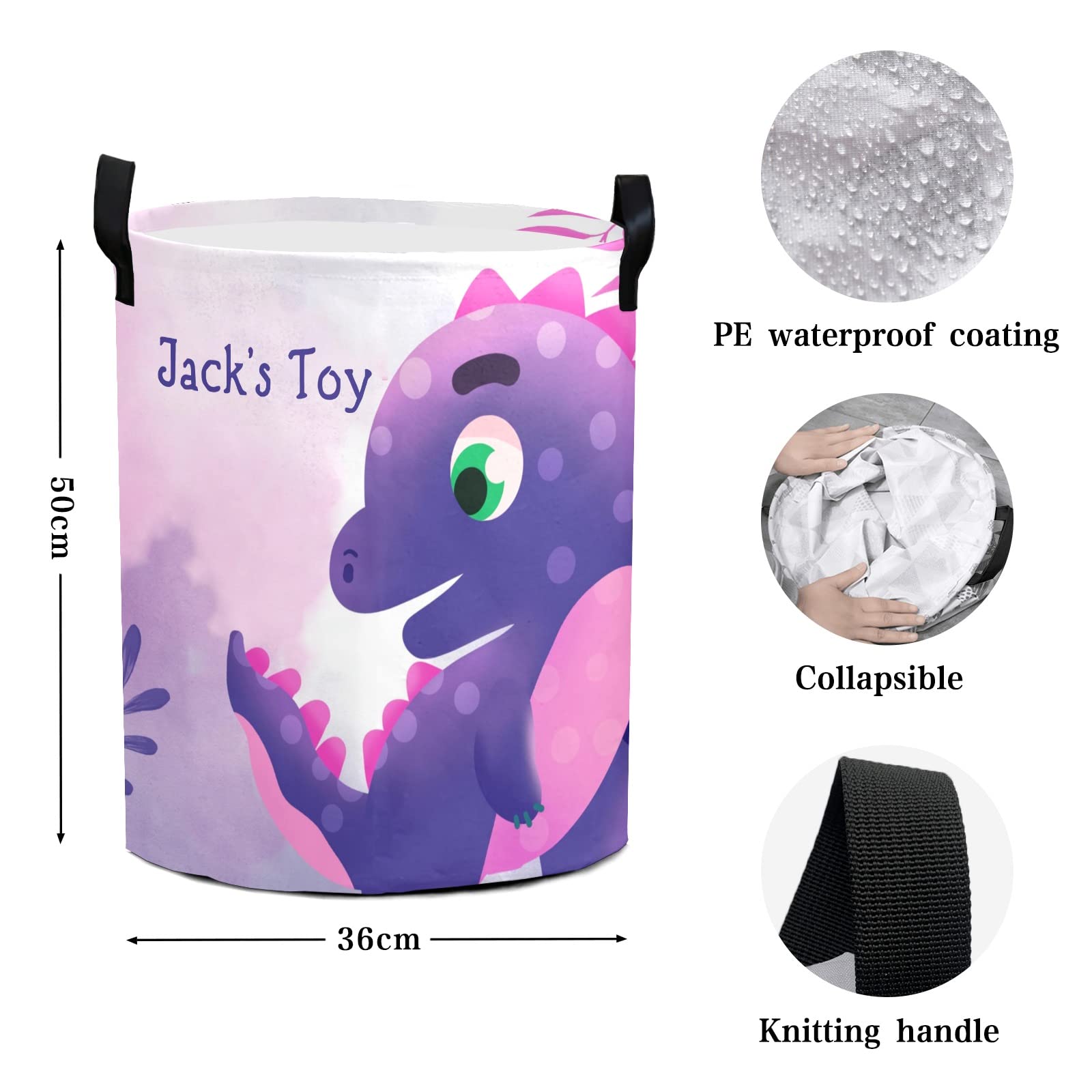 Dinosaur Personalized Freestanding Laundry Hamper, Custom Waterproof Collapsible Drawstring Basket Storage Bins with Handle for Clothes