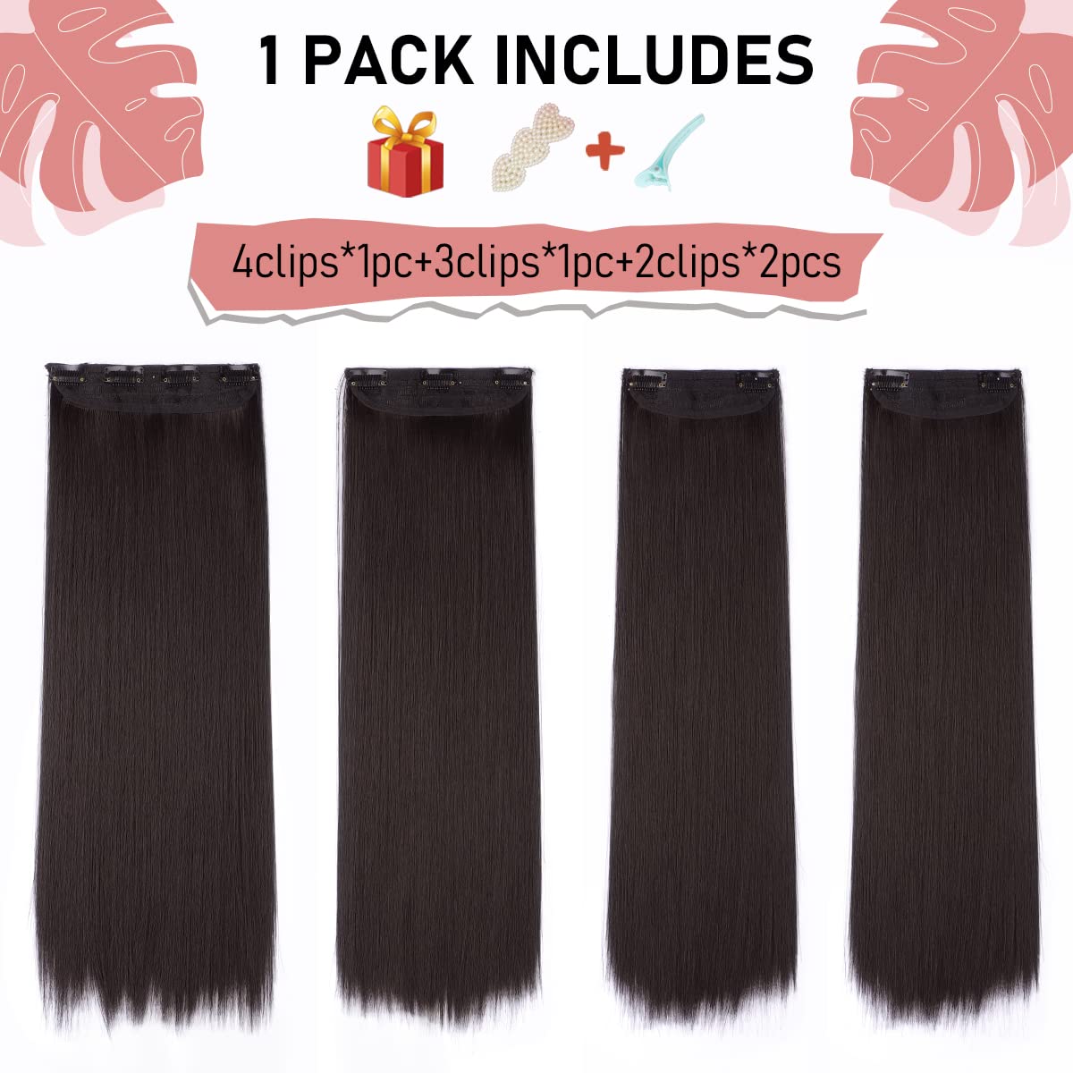 FnyPretty Straight Hair Extensions Long Dark Brown Clip in Hair Extensions for Women Fluffy and no Tangled