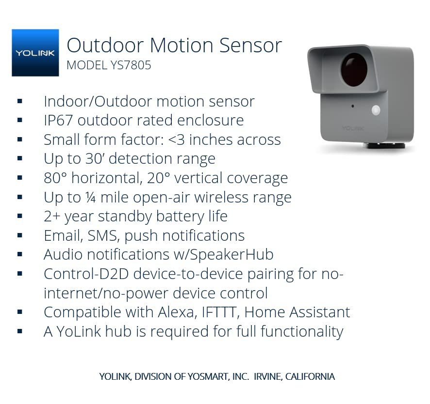 YoLink LoRa Smart Outdoor Motion Sensor Starter Kit, Driveway Alert, Property Invasion/Tresspassing Detector, Email/SMS/Push Alerts, Alexa, IFTTT, Home Assistant: Includes (2) Sensors, (1) SpeakerHub