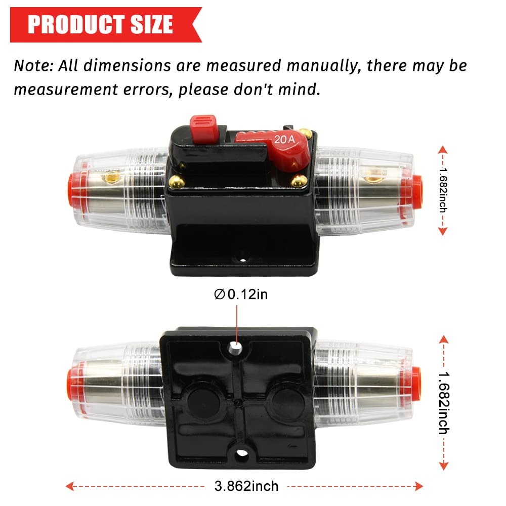 20Amp Circuit Breaker,Car Protect for Car Audio Amps Overload Protection Fuse 12V-24VDC Resettable (20A)