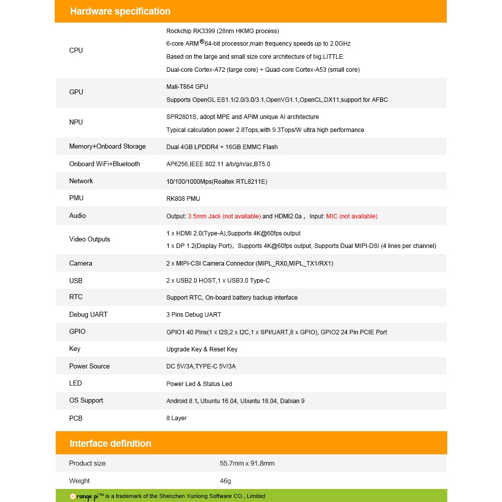 Orange Pi 4B Rockchip RK3399 4GB LPDDR4 Six Cores 64 Bit with 16GB EMMC Single Board Computer, Open-Source Board Support Android, Ubuntu, Debian (Pi 4B)