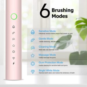 HAXAYOLO Rechargeable Electric Toothbrush , Waterproof Whitening Electric Tooth Brushes with 8 Brush Heads for Adults and Kids, Whitening Toothbrush with 6 Cleaning Modes and Smart Timer(Pink)