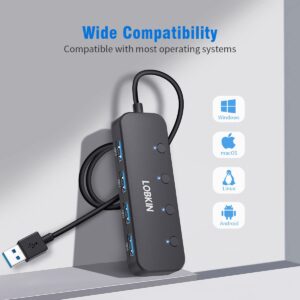 USB Splitter for Laptop LOBKIN 4-Port USB Hub 3.0 with Separate ON Off Swich Slim Multiple Port Expander for Keyboard and Mouse Flash Drive Mobile HDD PC Mac