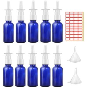 mdjinruixi nasal spray bottle, 10 pcs 30ml/1oz plastic blue refillable fine mist sprayers atomizers, small empty nasal sprayer with funnels and labels