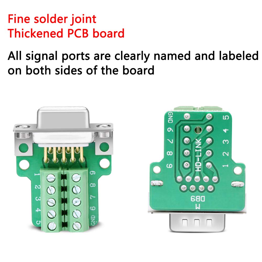 ANMBEST 10PCS DB9 Breakout Connector, 5PCS Male + 5PCS Female DB9 Solderless RS232 D-SUB Serial to 9-pin Port Terminal Adapter Connector Breakout Board with Case Long Bolts Tail Pipe