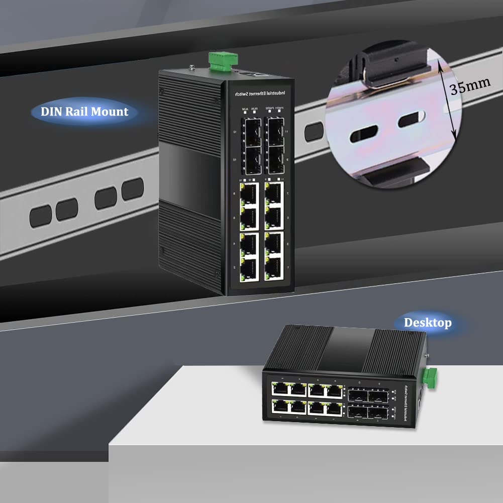 Industrial Gigabit Managed PoE Switch - 8 Ports 10/100/1000Mbps Web Management DIN Rail PoE Switch with 4 SFP Slots, Network PoE Switch Support Ring Network, VLAN, STP, LACP, QOS