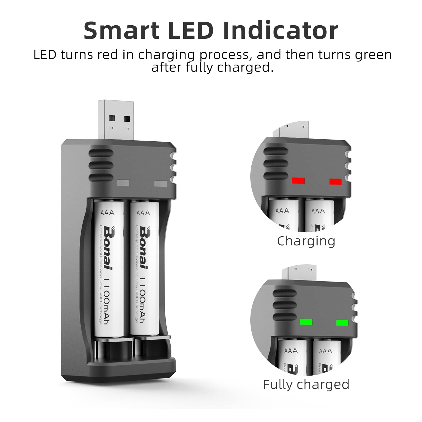 BONAI Rechargeable AAA Batteries with Charger, USB High-Speed Charger for AA AAA Ni-MH Ni-CD Rechargeable Battery