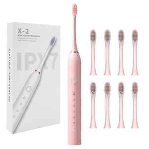 haxayolo rechargeable electric toothbrush , waterproof whitening electric tooth brushes with 8 brush heads for adults and kids, whitening toothbrush with 6 cleaning modes and smart timer(pink)