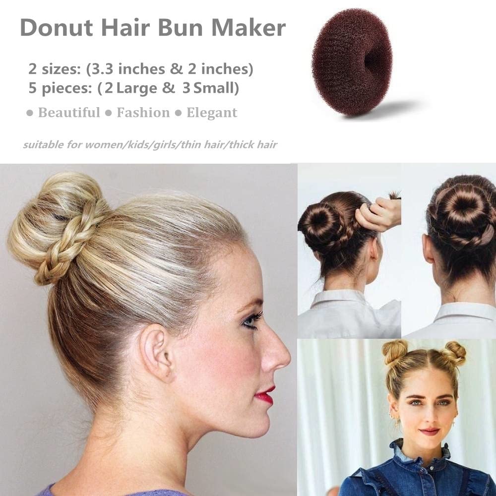 SQULIGT 5 PCS Donut Hair Bun Maker, Dark Brown Ring Style Bun Makers Set (2 Large and 3 Small)