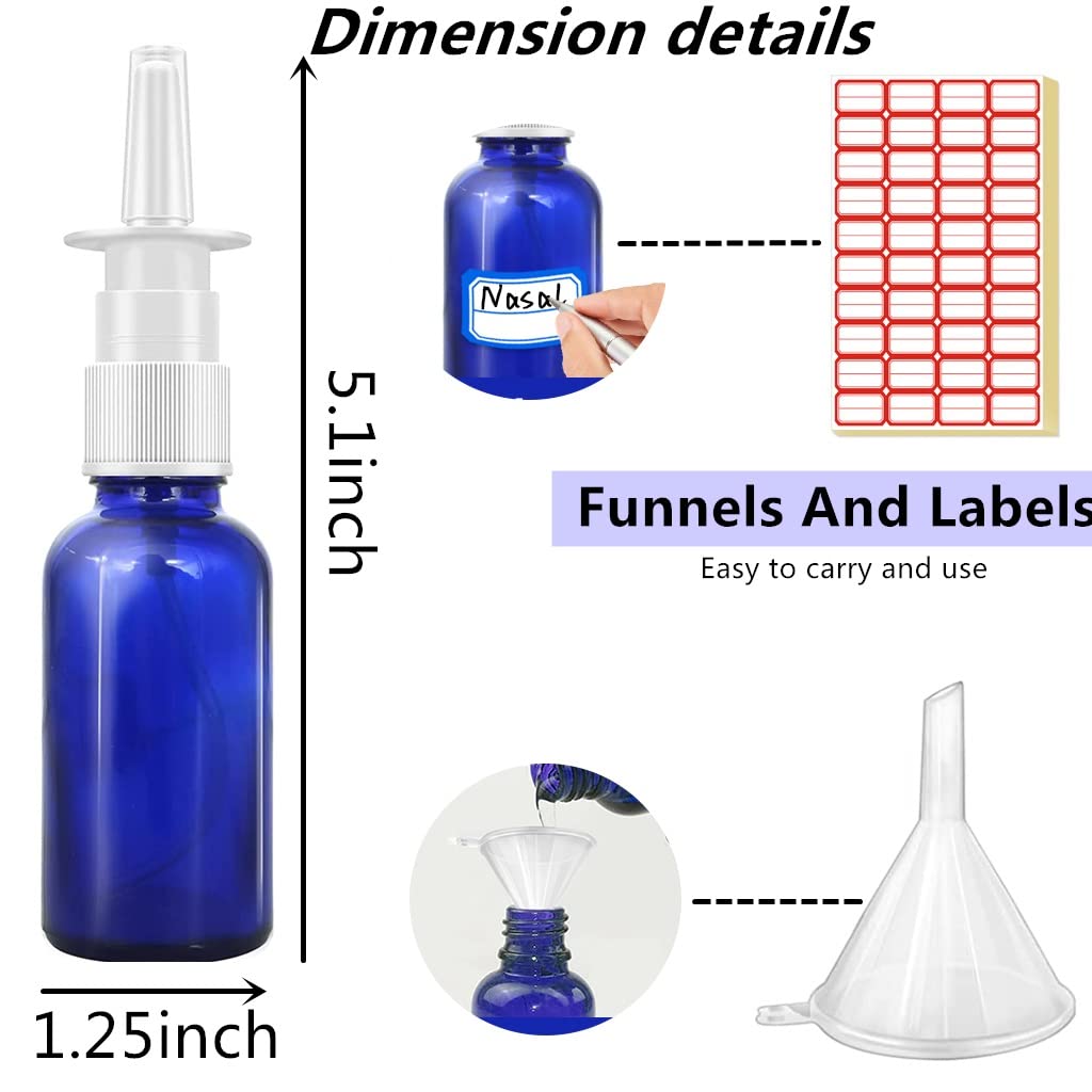 MDJINRUIXI Nasal Spray Bottle, 10 Pcs 30ML/1oz Plastic Blue Refillable Fine Mist Sprayers Atomizers, Small Empty Nasal Sprayer with Funnels and Labels