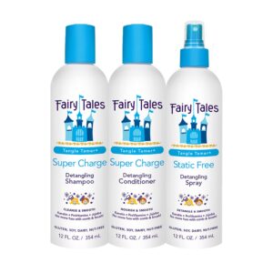 fairy tales tangle tamer detangling shampoo and conditioner for kids plus detangling spray - ultra moisturizing and anti frizz protection - paraben free, sulfate free - 12 oz each bottle - 3 pack