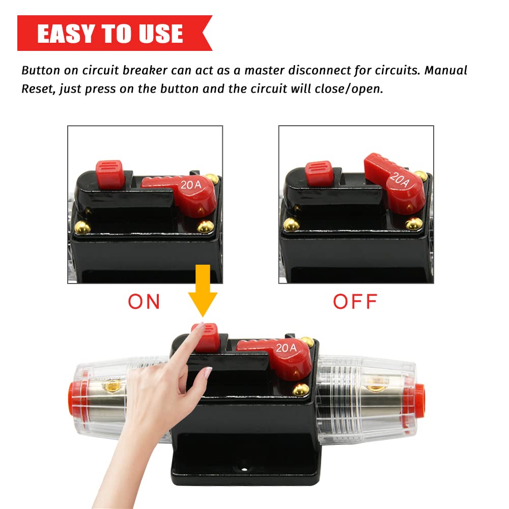 20Amp Circuit Breaker,Car Protect for Car Audio Amps Overload Protection Fuse 12V-24VDC Resettable (20A)