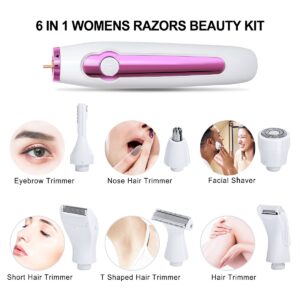 OBR KING Facial Hair Removal for Women 6 in 1 Electric Razor Nose Hair Trimmer Eyebrow Razor Bikini Pubic Hair Remover Cordless Body Hair Shaving Kit Electric Shaver with Safety Lock