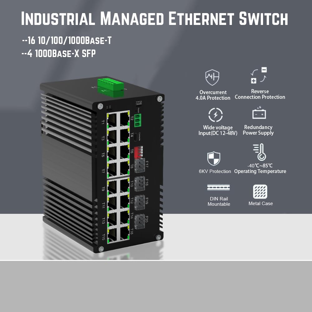 Industrial Gigabit Managed Switch - 16 Ports 10/100/1000Mbps Web Management DIN Rail Ethernet Switch with 4 SFP Slots, Network Switch Support Ring Network, VLAN, STP, LACP, QOS