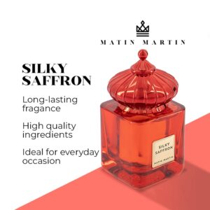 Matin Martin Silky Saffron - Woody Spicy Unisex Travel Perfume with Saffron and Leather Notes - Perfume for Men - Arabian Perfume for Women - 3.4 oz