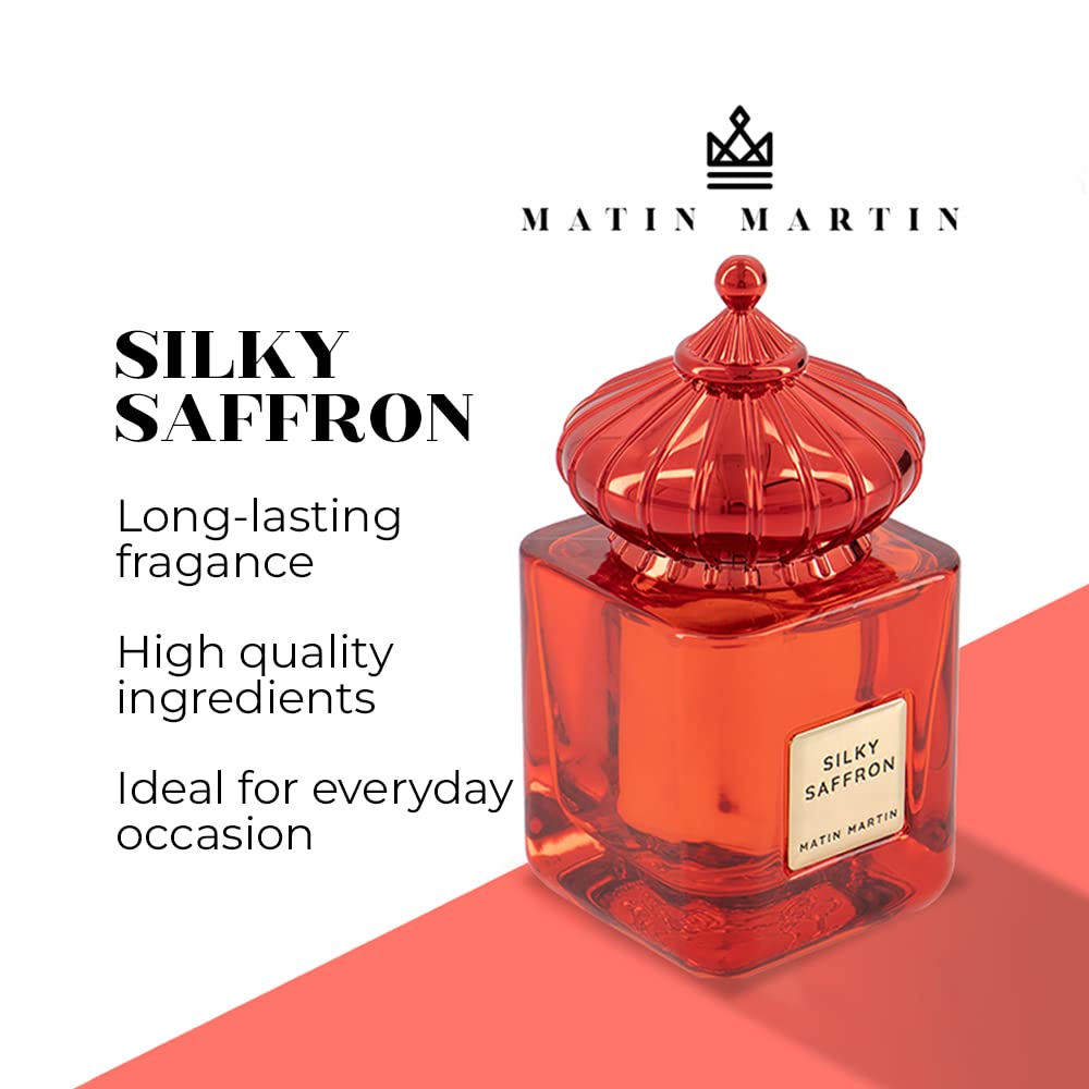 Matin Martin Silky Saffron - Woody Spicy Unisex Travel Perfume with Saffron and Leather Notes - Perfume for Men - Arabian Perfume for Women - 3.4 oz