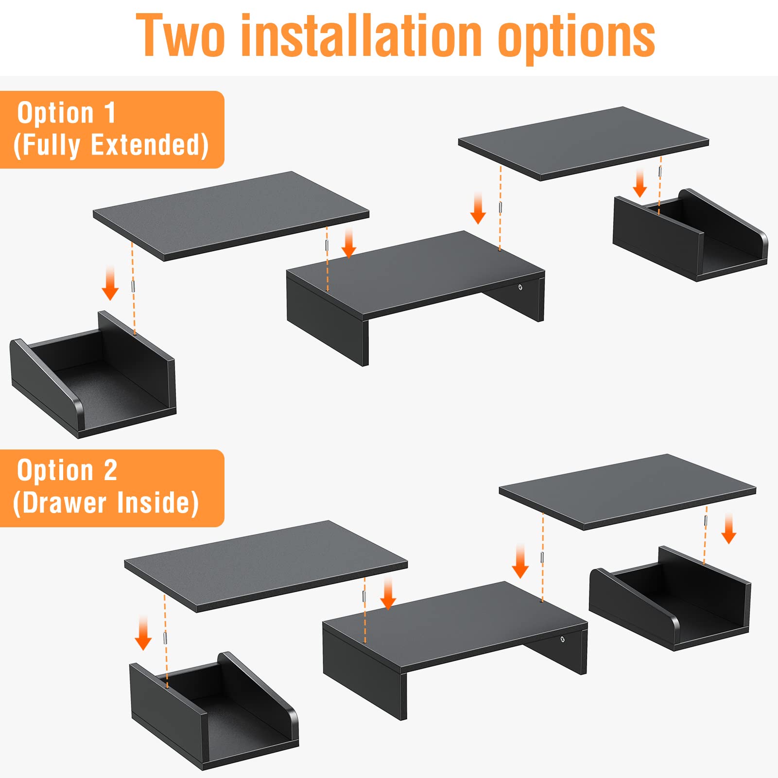 ELIVED Dual Monitor Stand Riser with Two Swivel Drawers, Monitor Stand with Adjustable Length and Angle, Monitor Riser for Desk, Desktop Organizer Stand for Computer, Laptop, Screen, Printer(Black)