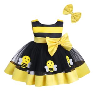 newborn toddler baby girl princess dress cake smash birthday tutu dress+headband outfits halloween christmas baptism party clothes set for cake smash photo shoot yellow-bee 12-18 months