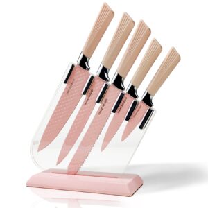 kitchen knife set, retrosohoo pink 6pc stainless steel sharp chef knife with acrylic stand, diamond knife set with block include steak knife, bread knife, fruit knife for women girls (pink)