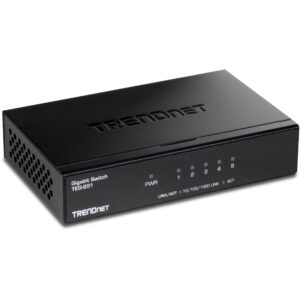 trendnet 5-port gigabit desktop switch, teg-s51, 5 x gigabit rj-45 ports, ethernet splitter, 10gbps switching capacity, fanless design, metal enclosure, lifetime protection, black