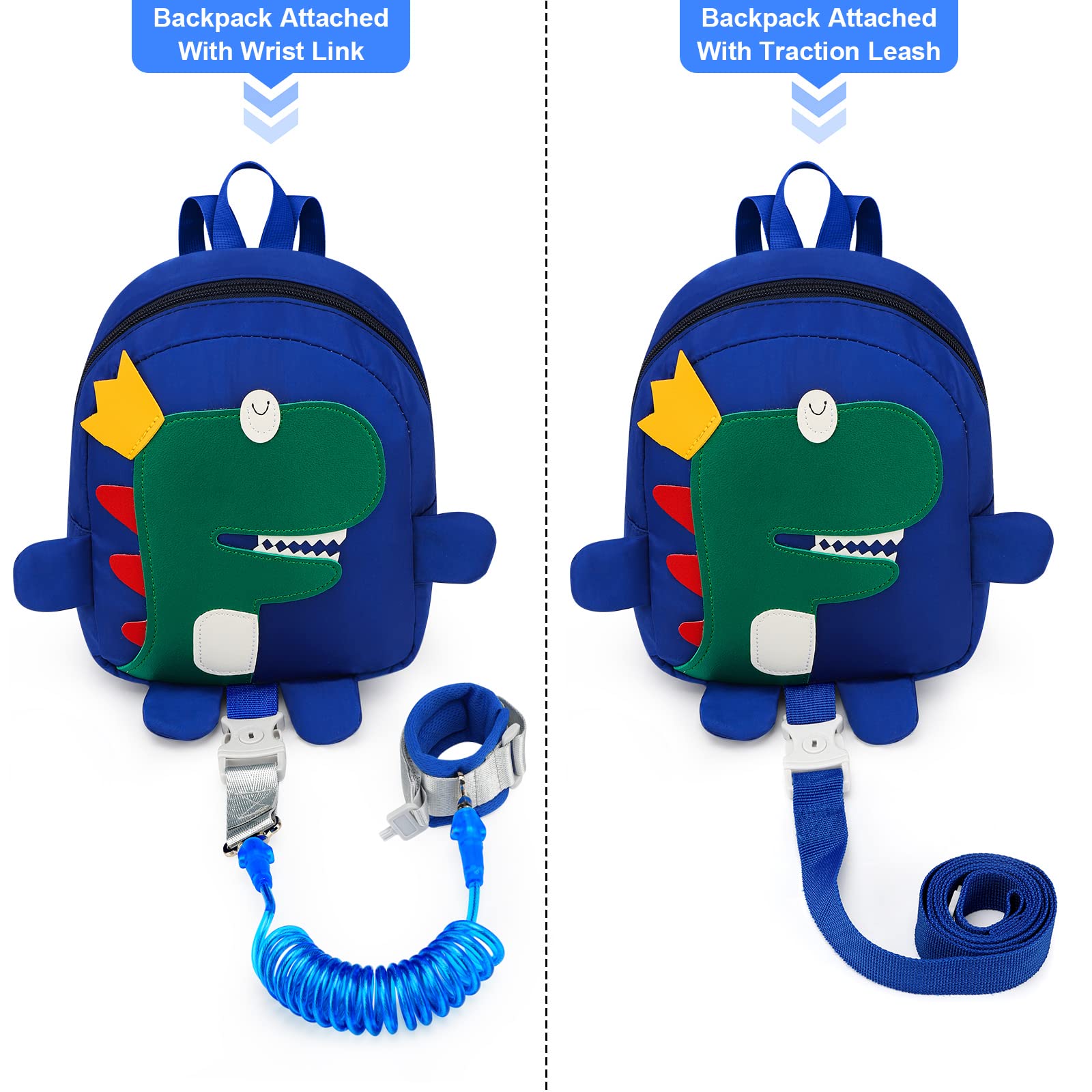 Accmor Toddler Harness Backpack with Leash, 4 in 1 Kid Dinosaur Backpacks with Anti Lost Wrist Link, Child Harnesses Leashes for Walking, Cute Toddler Back Pack Rope Tether for Boys Girls(Blue)